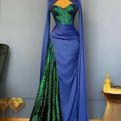 Two Pieces Long Blue Sequins Prom Dress With Detachable Cape Hollow Out ...