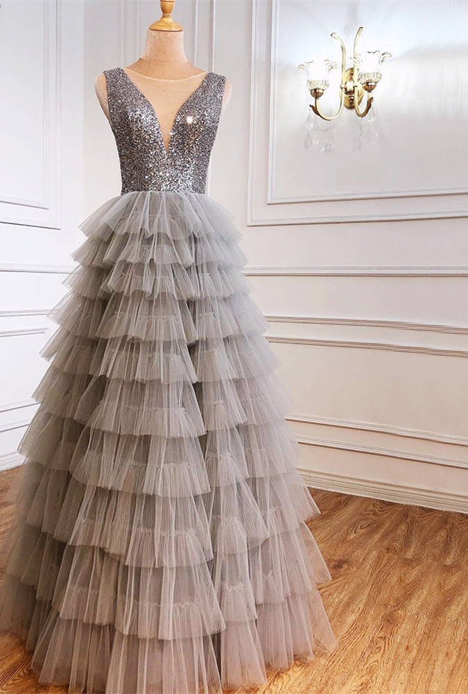 Vintage Silver Glitter Tiered Prom Dress Sexy Sheer Tulle Formal Party ...