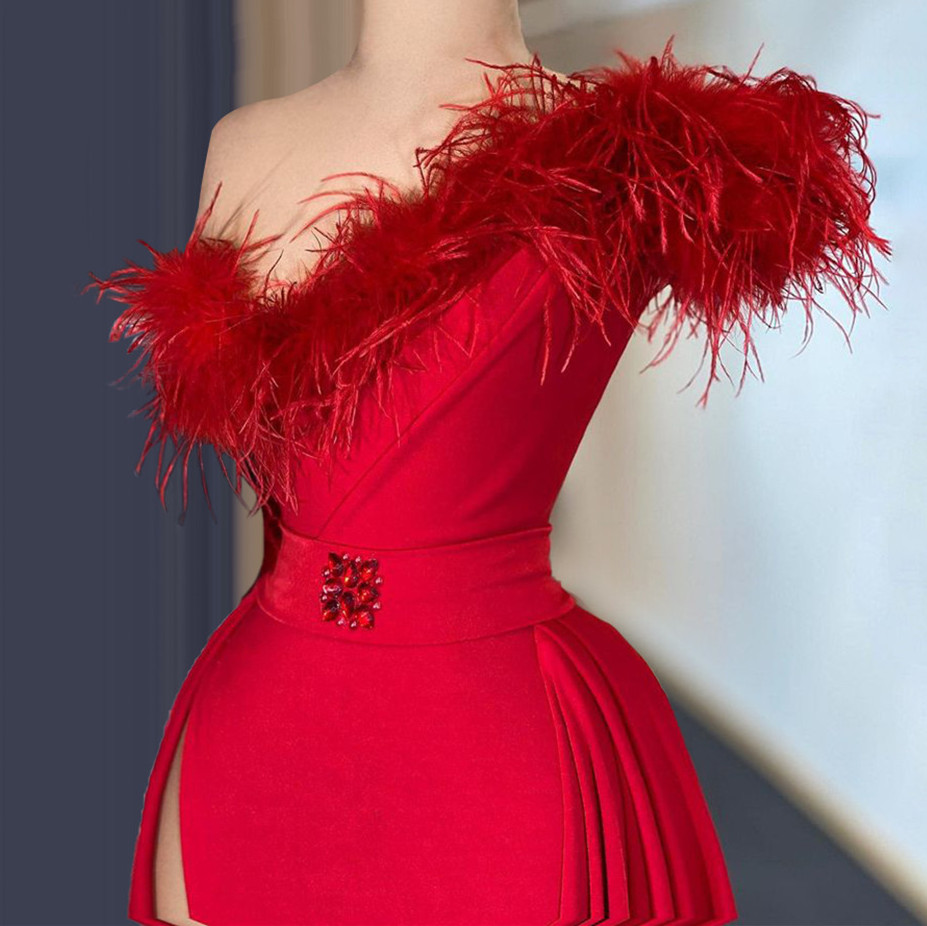 Sexy Red Feather Prom Dress Long Satin Formal Women Party Gowns Split ...