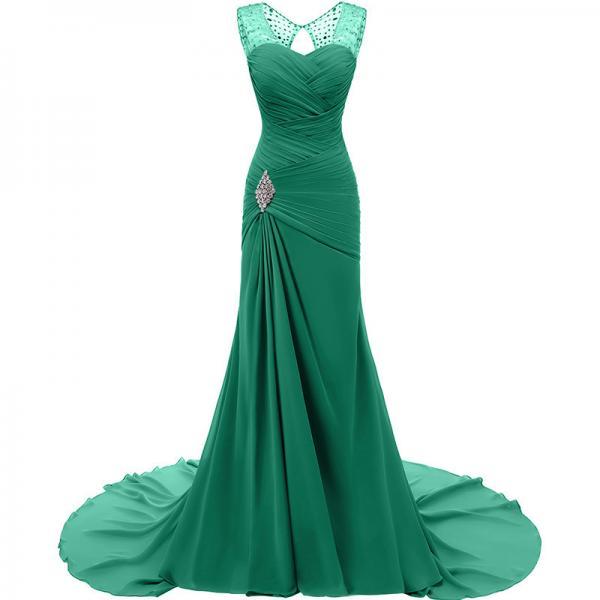 Sexy Mermaid Green Prom Dress With Beaded Top Pleats Sweep Train Formal ...