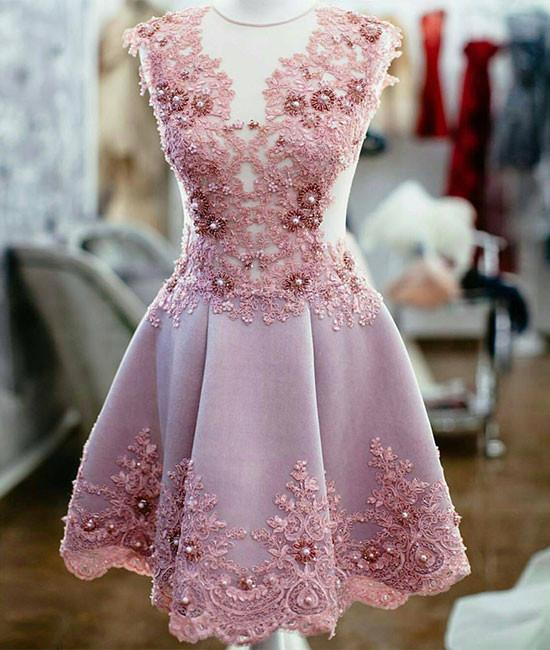 Sexy Sheer Pink Lace Short Homecoming Dresses See Through Illusion Back ...