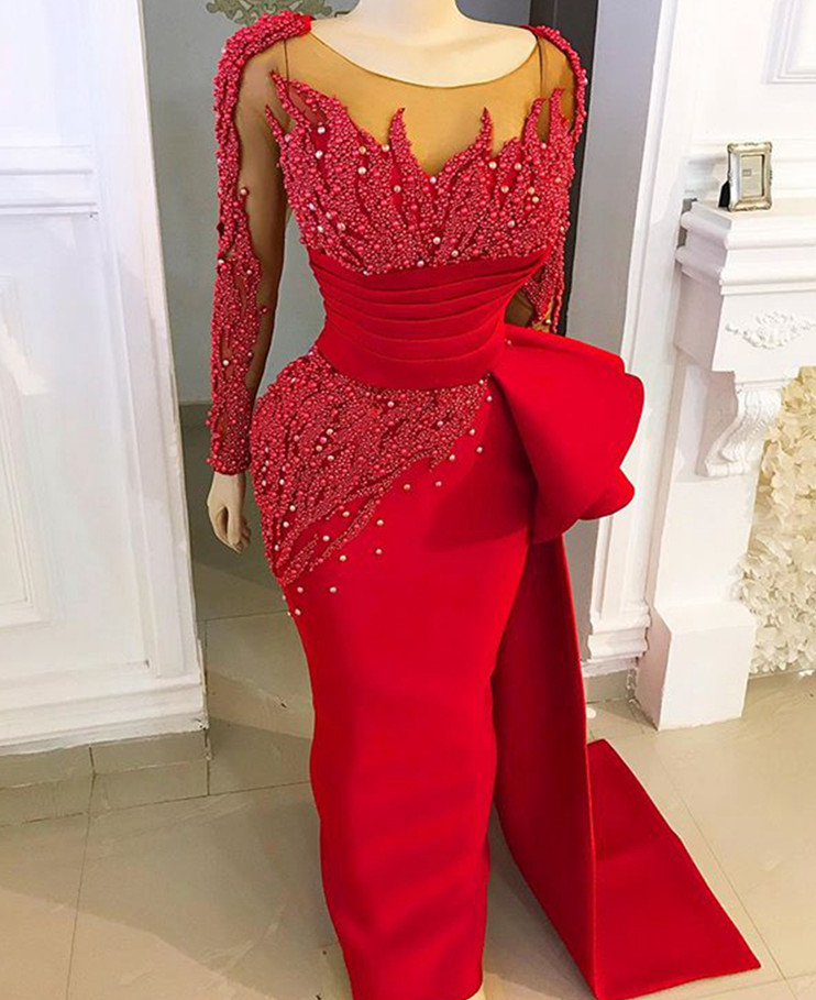 Long Slim Red Prom Dress With Full Sleeve Sexy Sheer Beaded Pearl ...