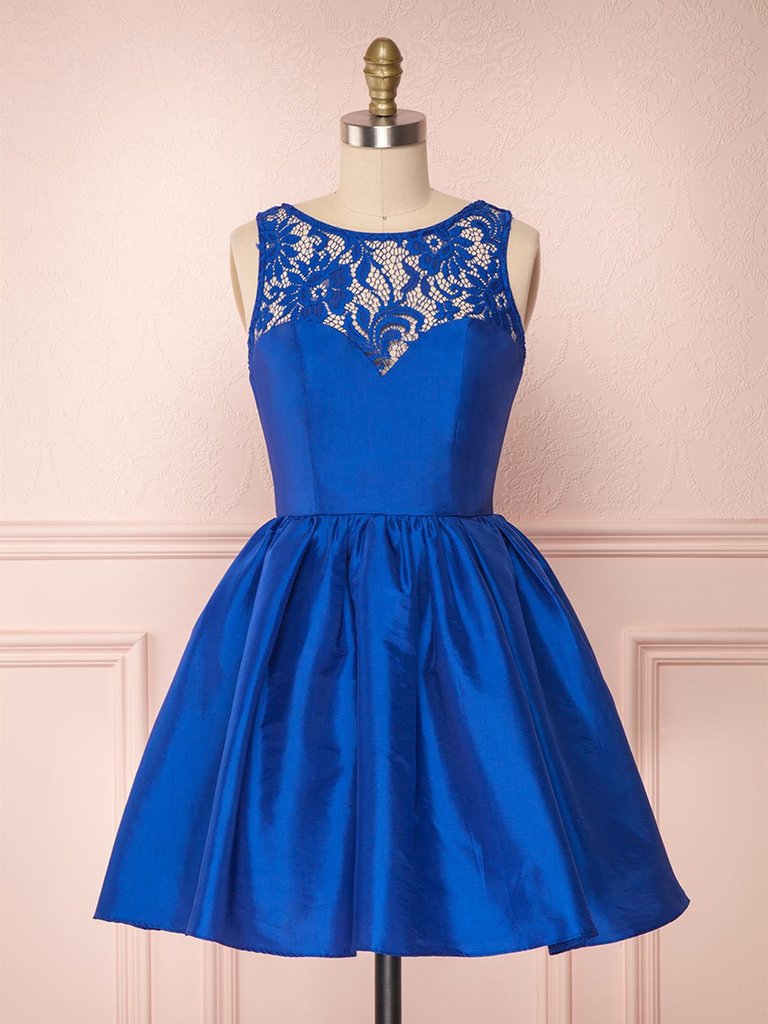 Short Royal Blue Lace Short Girls Homecoming Dress A Line Satin Sheer ...